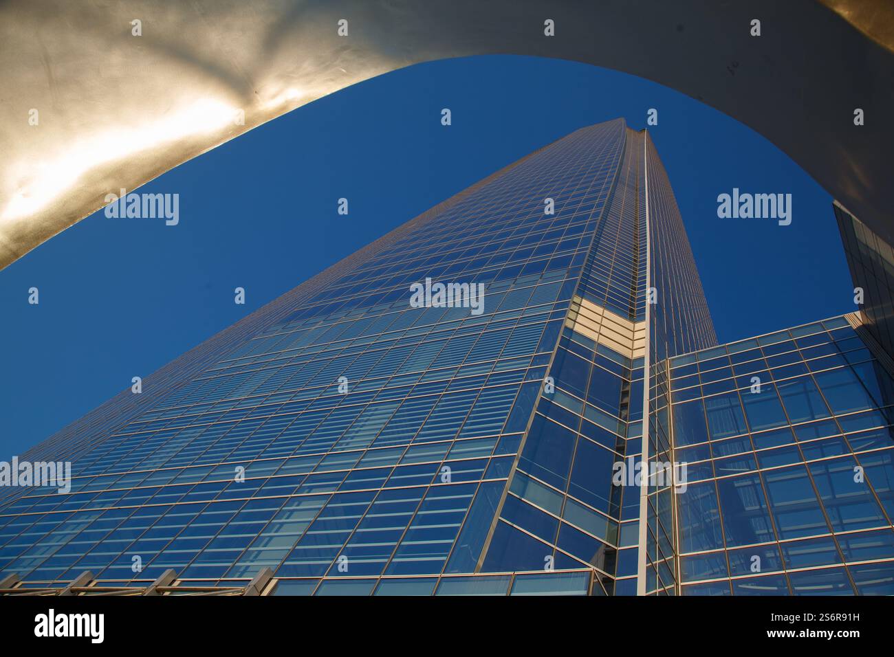 The Costanera Center skyscraper office tower lines on a blue sky day in ...