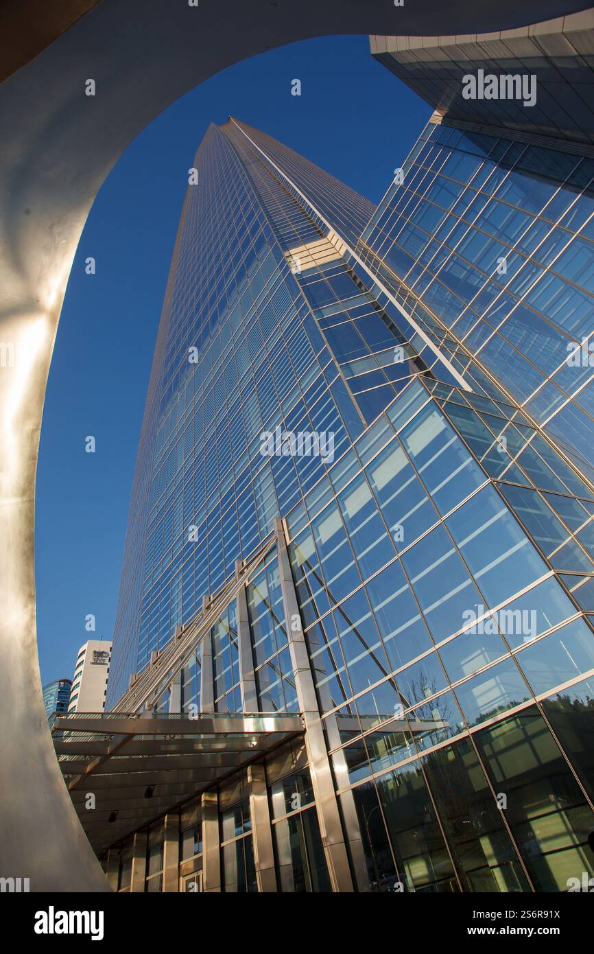 The Costanera Center skyscraper office tower lines on a blue sky day in ...