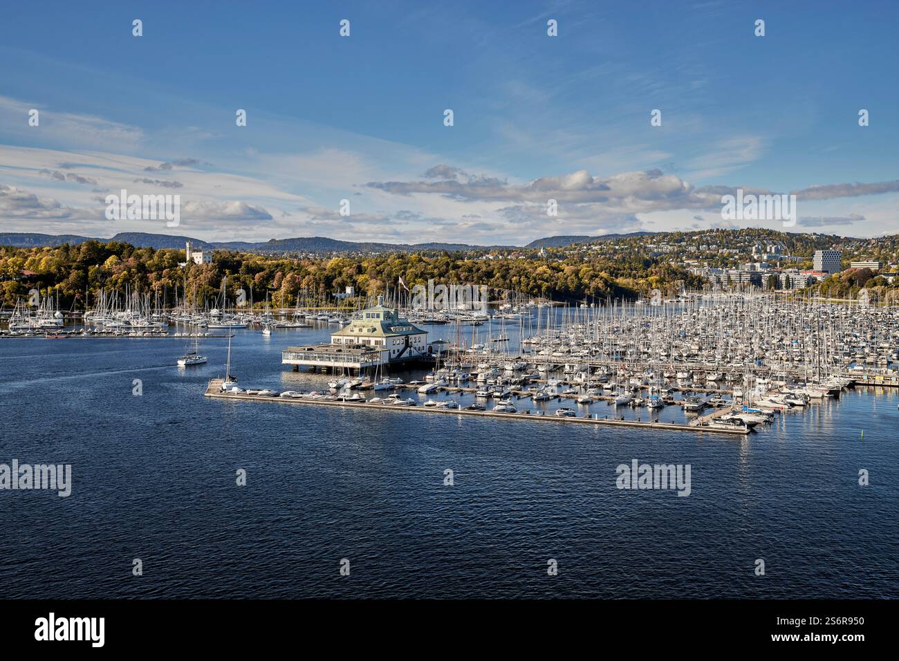 Cruise on the coast of Norway, Oslo harbor, marina with clubhouse and ...