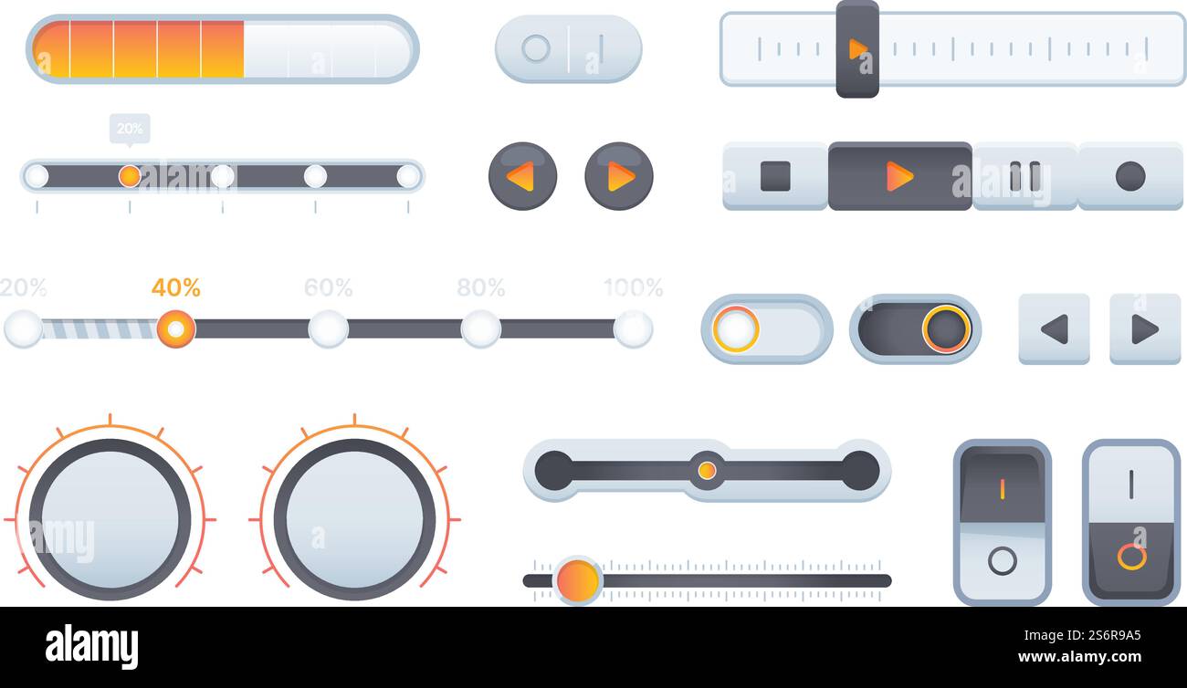 Sliders. Volume progressive bar controls scrolling ui online elements garish vector set. Control ...