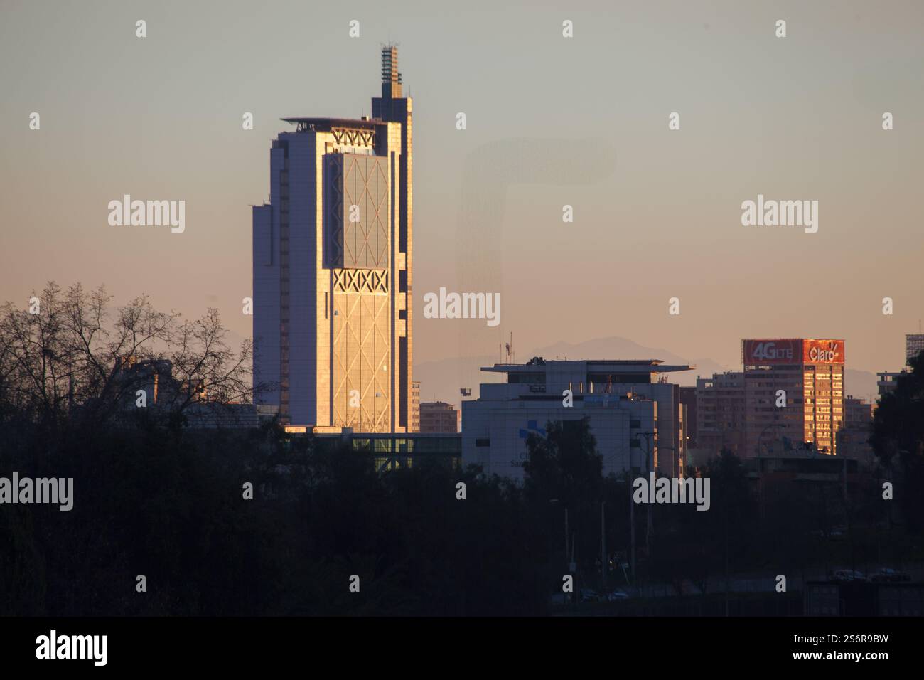 The modern Telefonica office building tower at sunset in Santiago de ...