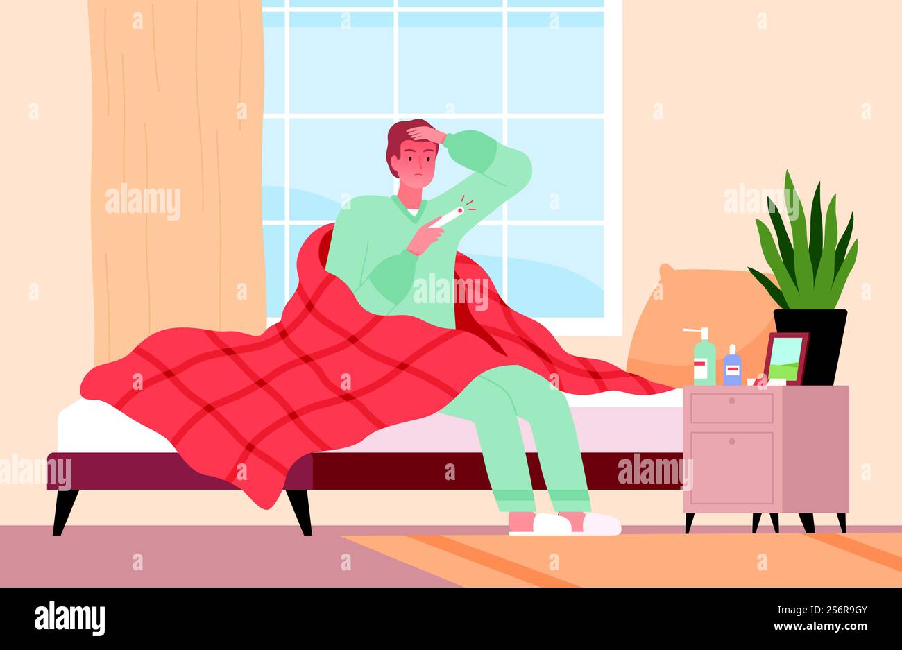 Illness character in bed. Flu viruses medical cartoon background person ...