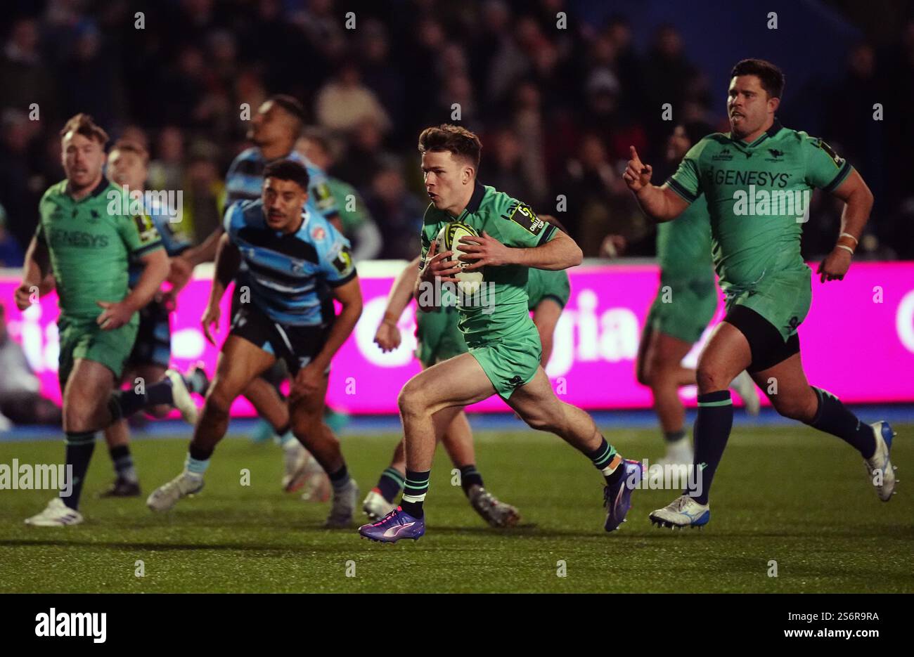 Connacht's Matthew Devine runs clear to score a try during the EPCR ...