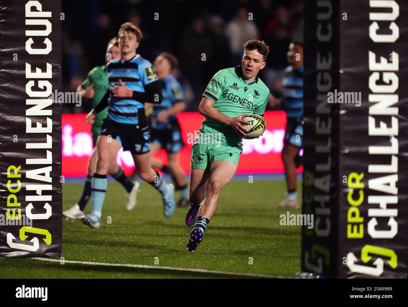 Connacht's Matthew Devine runs clear to score a try during the EPCR ...
