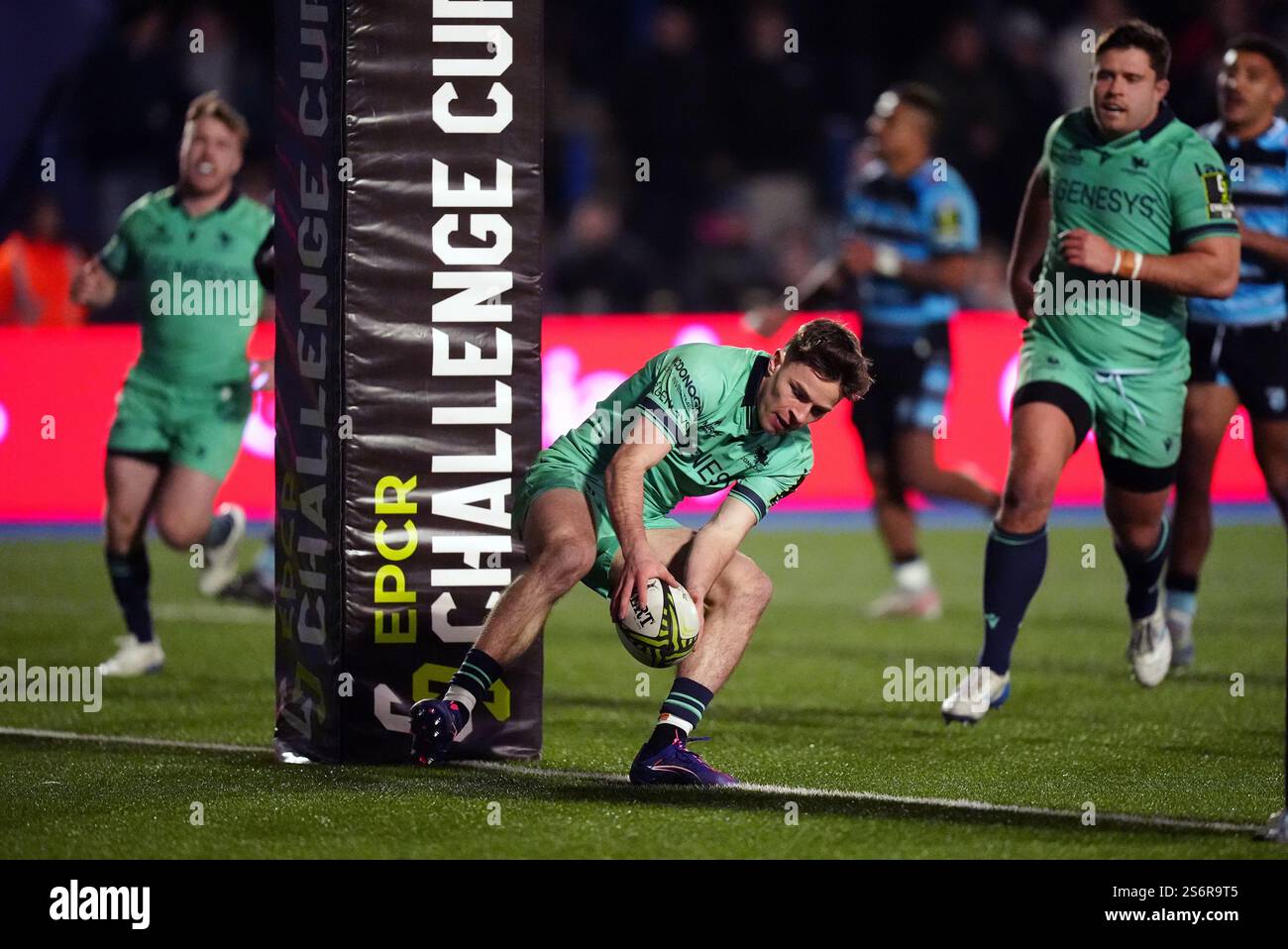 Connacht's Matthew Devine scores a try during the EPCR Challenge Cup match at Cardiff Arms Park ...