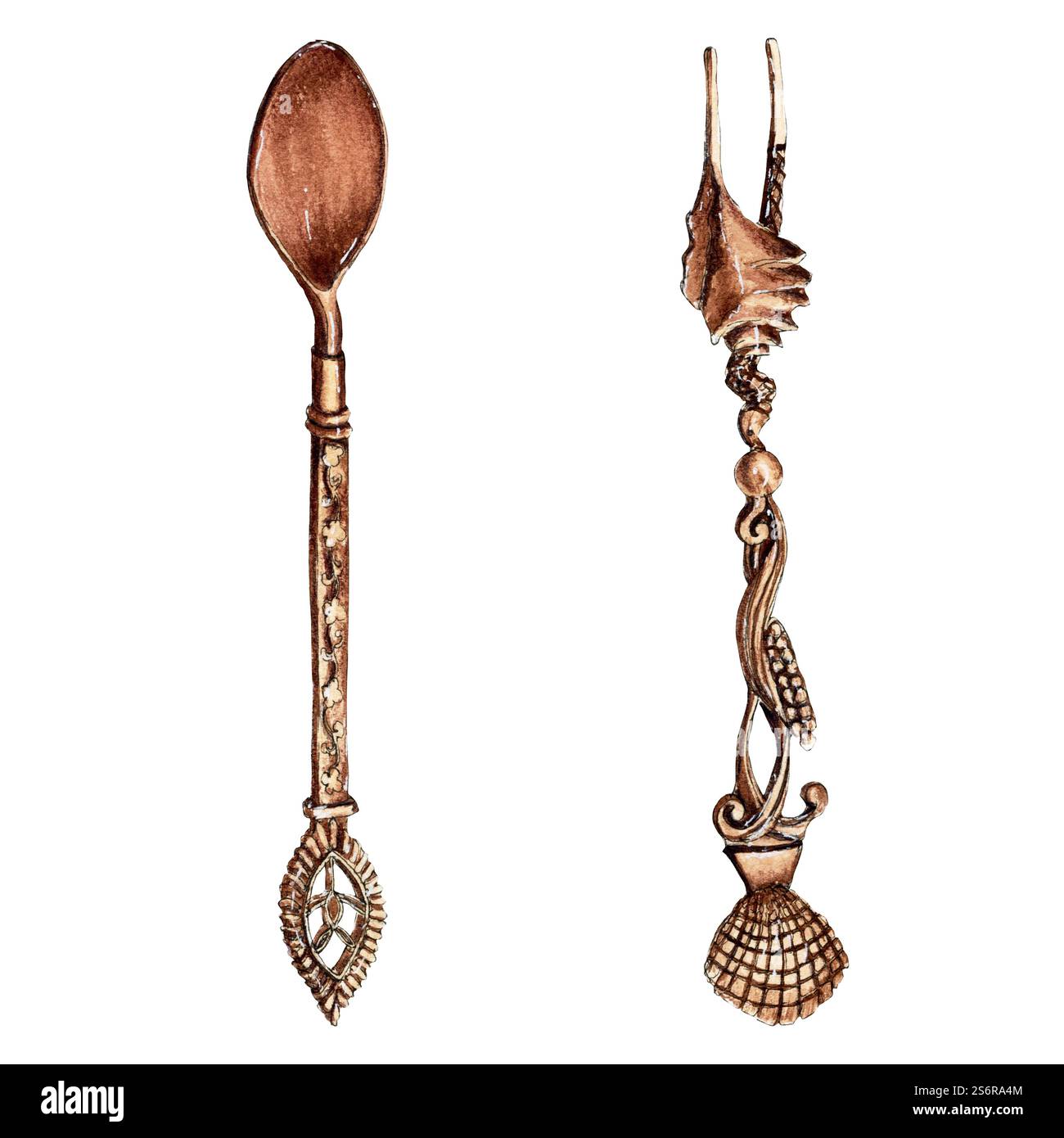 Hand drawing illustration set of beautiful bronze spoon and cocktail ...
