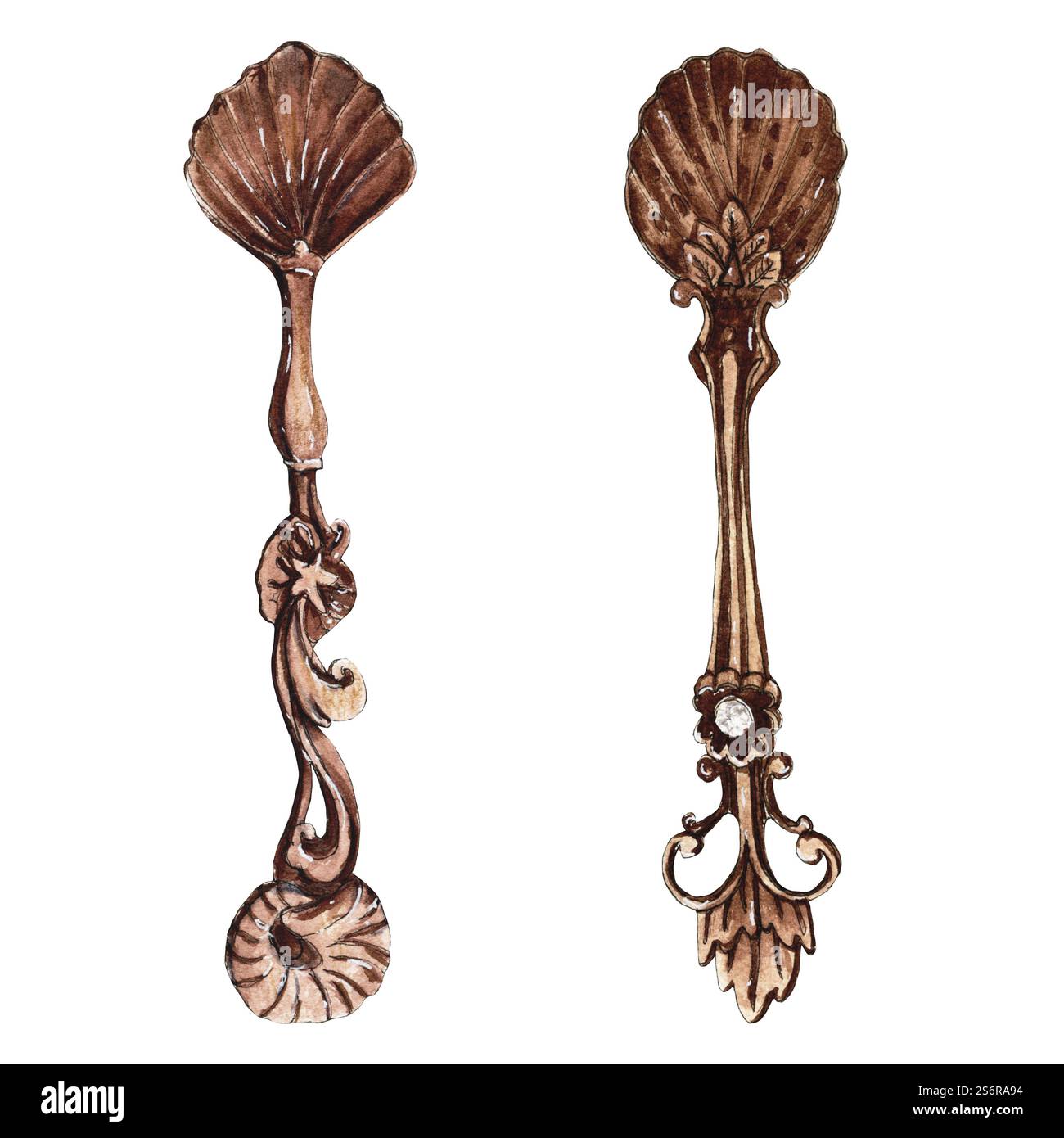Hand drawing illustration of beautiful bronze spoons with decoration ...