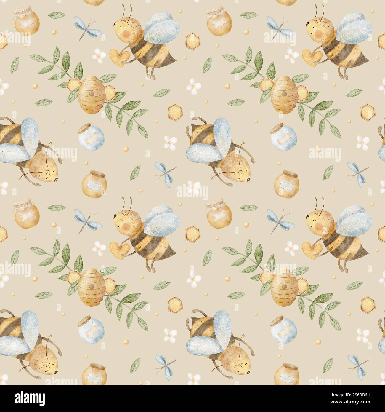 Watercolor seamless pattern bees with honey jar, fly around hive and ...