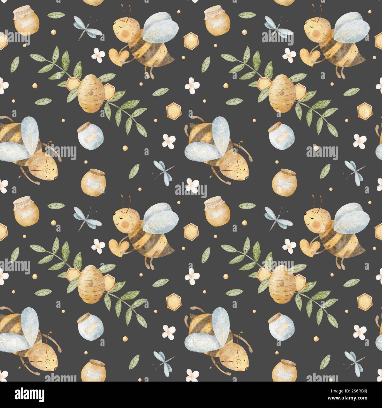 Watercolor pattern of bee with honey jar, flying around hive and ...