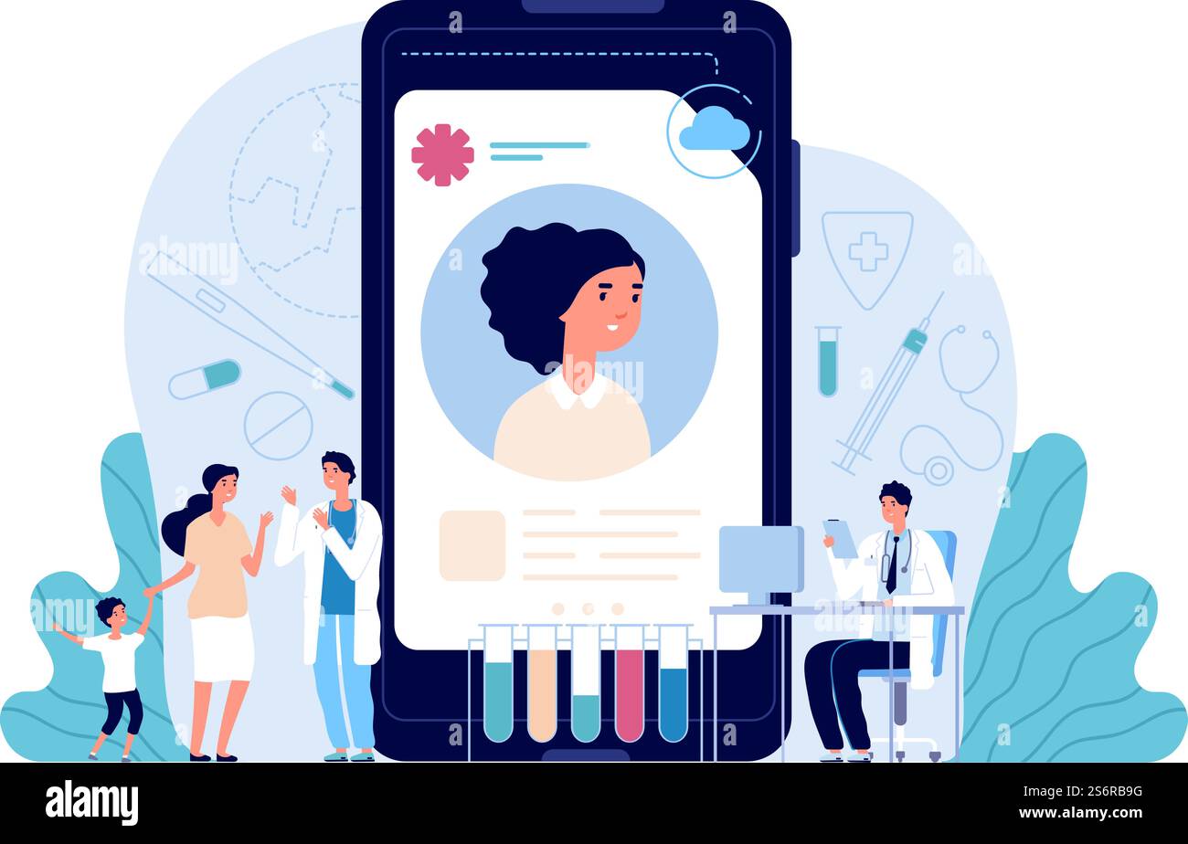 Electronic healthcare. Patient health record, doctor helping people ...