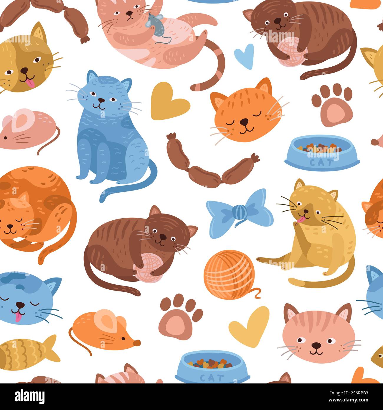 Kitten pattern. Cartoon cat, cute animal seamless background. Doodle ...