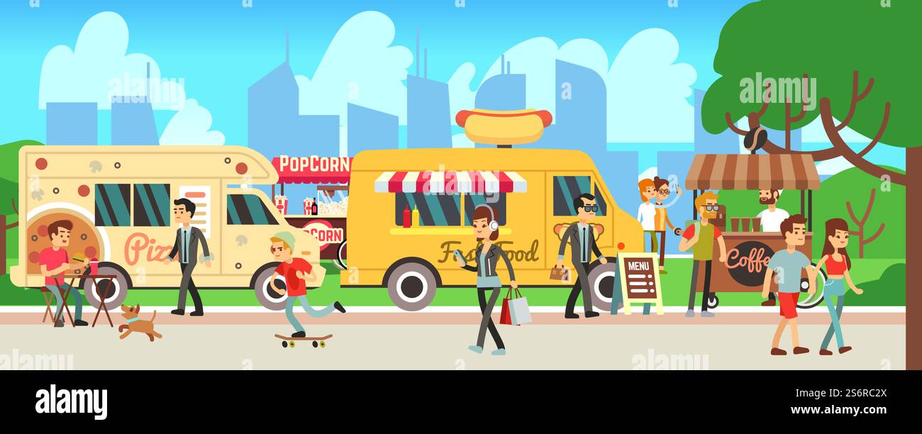 Street food market. People walking city park, cartoon fast food trucks ...