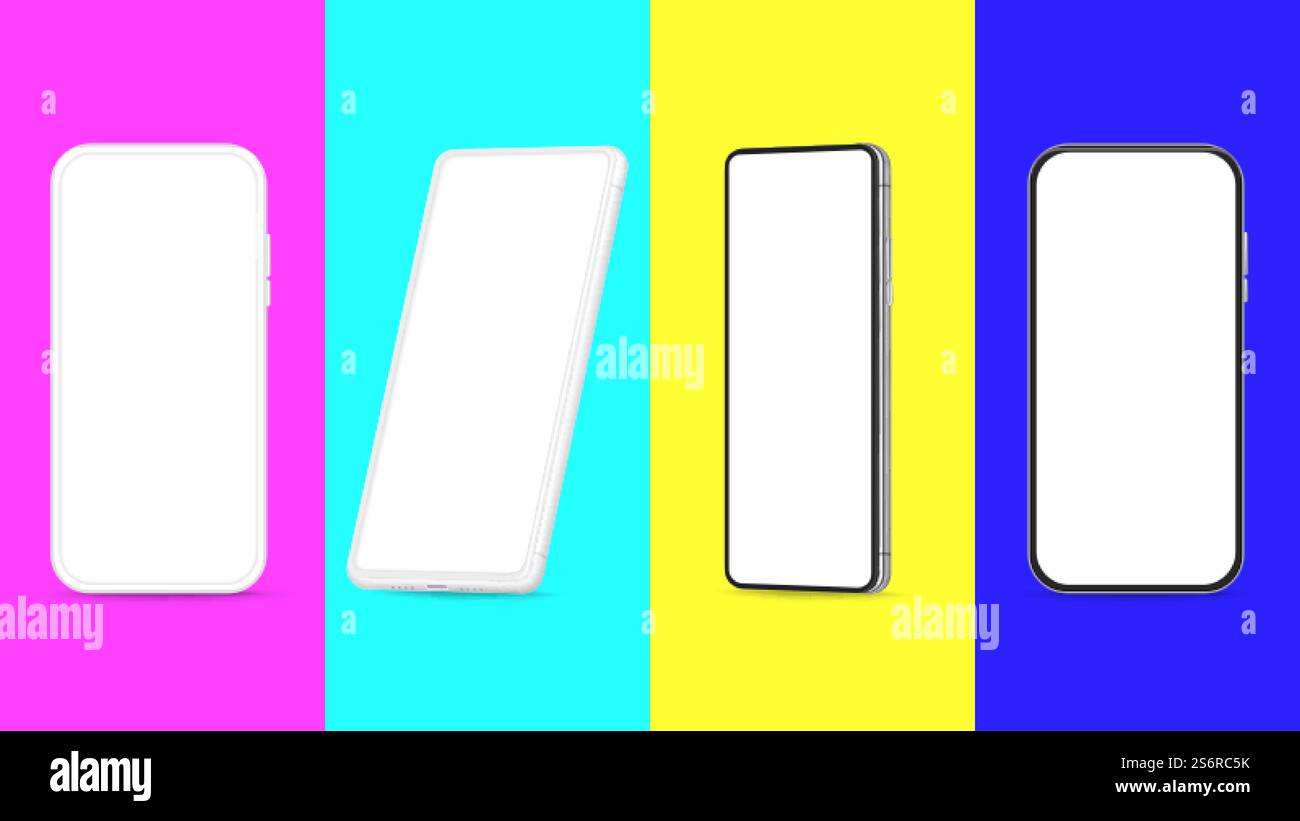 Realistic smartphone template. Smartphones empty screen, phones on neon ...