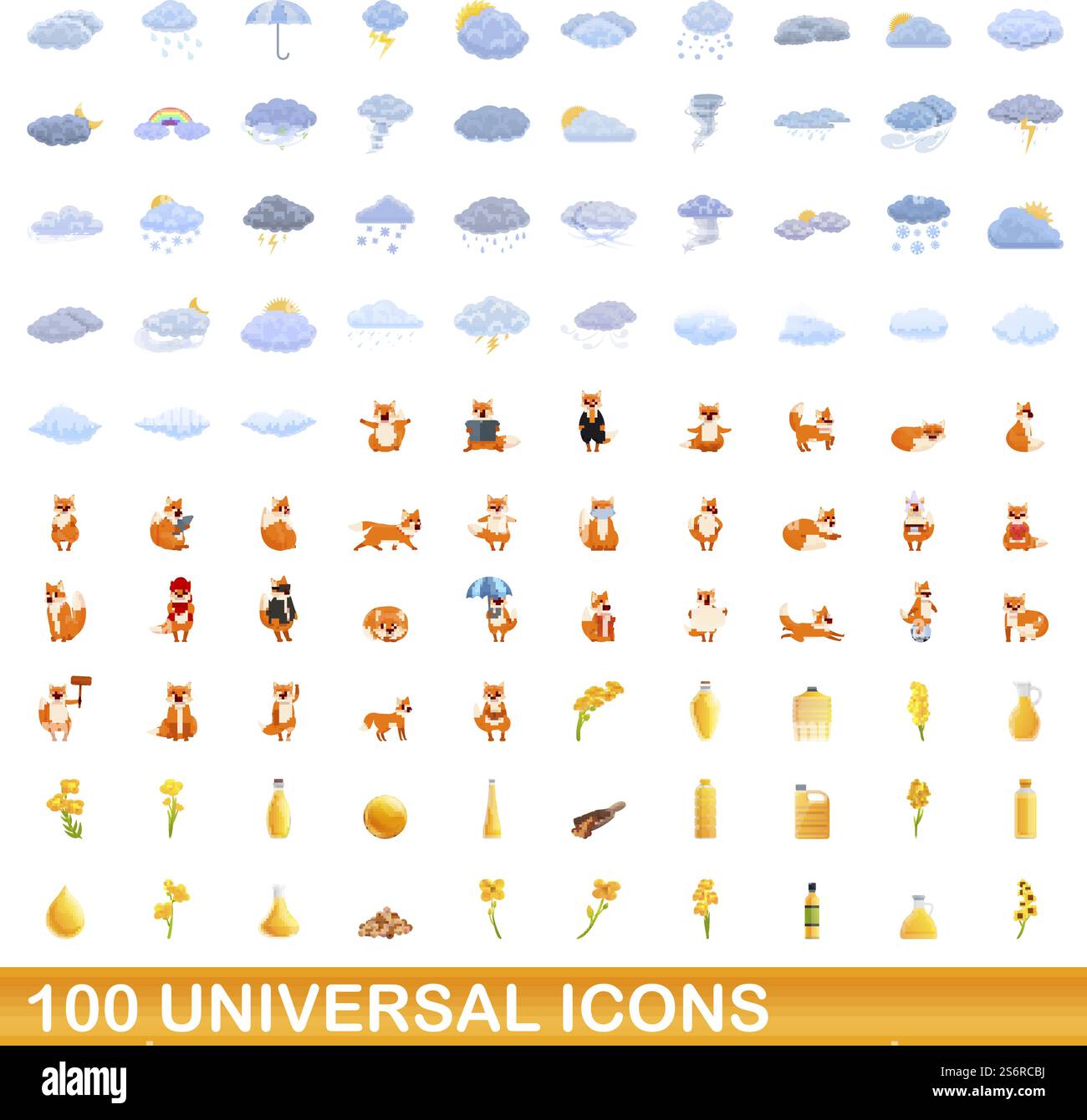 100 universal icons set. Cartoon illustration of 100 universal icons ...