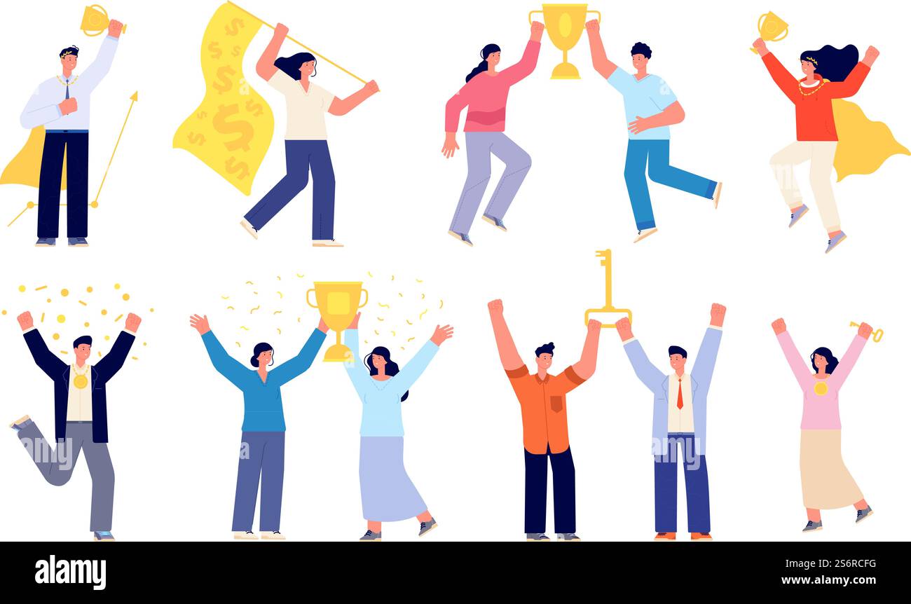 People with trophy. Office reward, success celebration teamwork ...