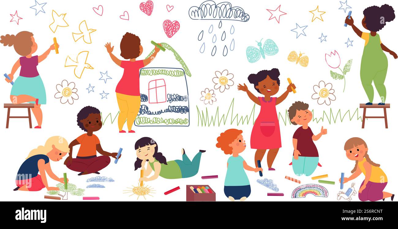 Children drawing with crayon. Kindergarten child, kids paint on wall ...