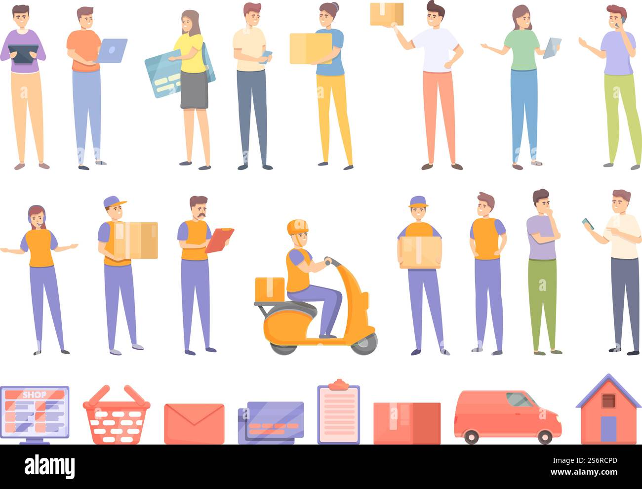 Ordering process icons set cartoon vector. Delivery box. Truck export ...