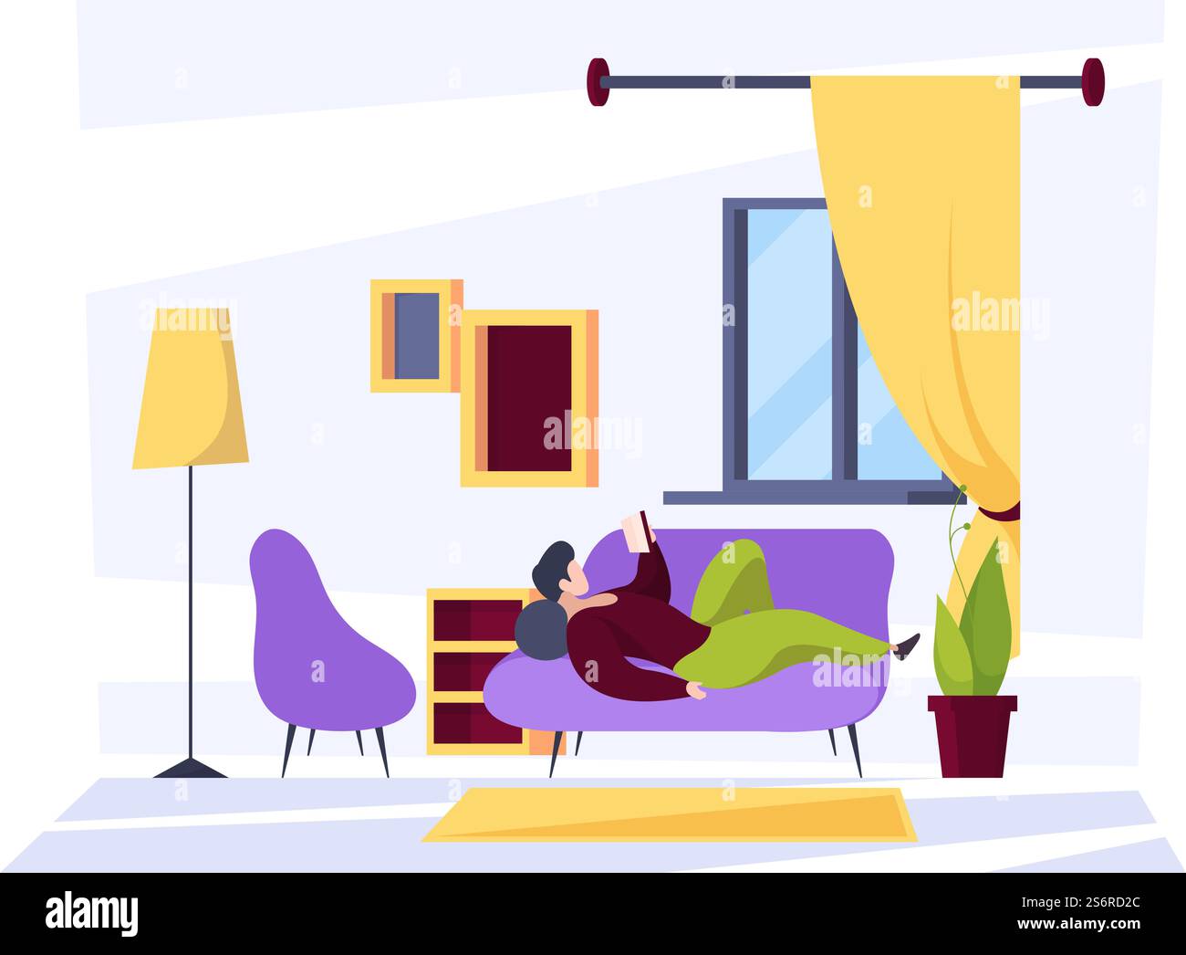 People reading in room. Characters relaxing and reading in home ...