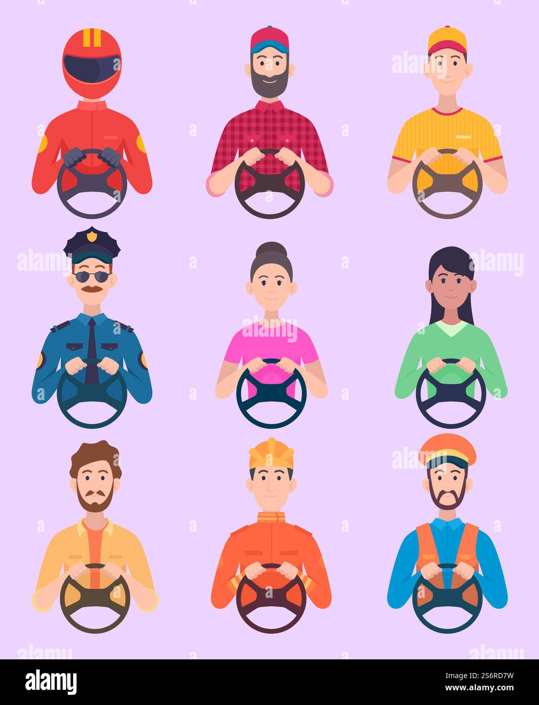 Drivers. Avatars people holding driving wheel racing helmet bus and ...