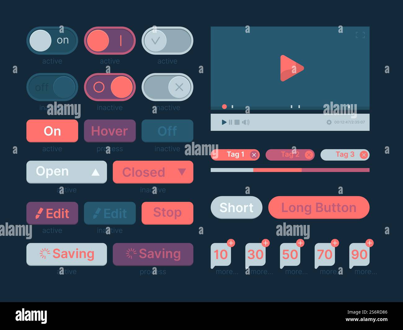 Ui kit. Web themes icon buttons bar menu search line dividers players ...