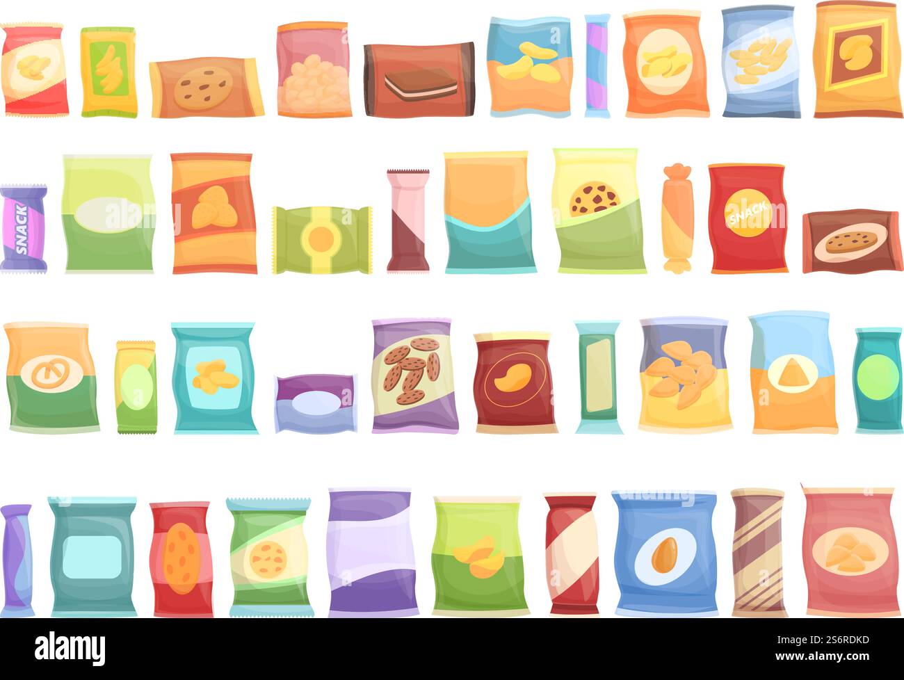 Snack pack icons set cartoon vector. Candy bag. Biscuit package. Snack ...