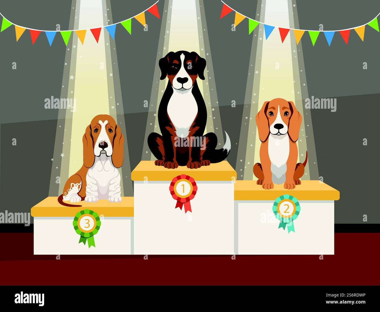 Best dog. Domestic pets exhibition podiums with prizes first second and ...