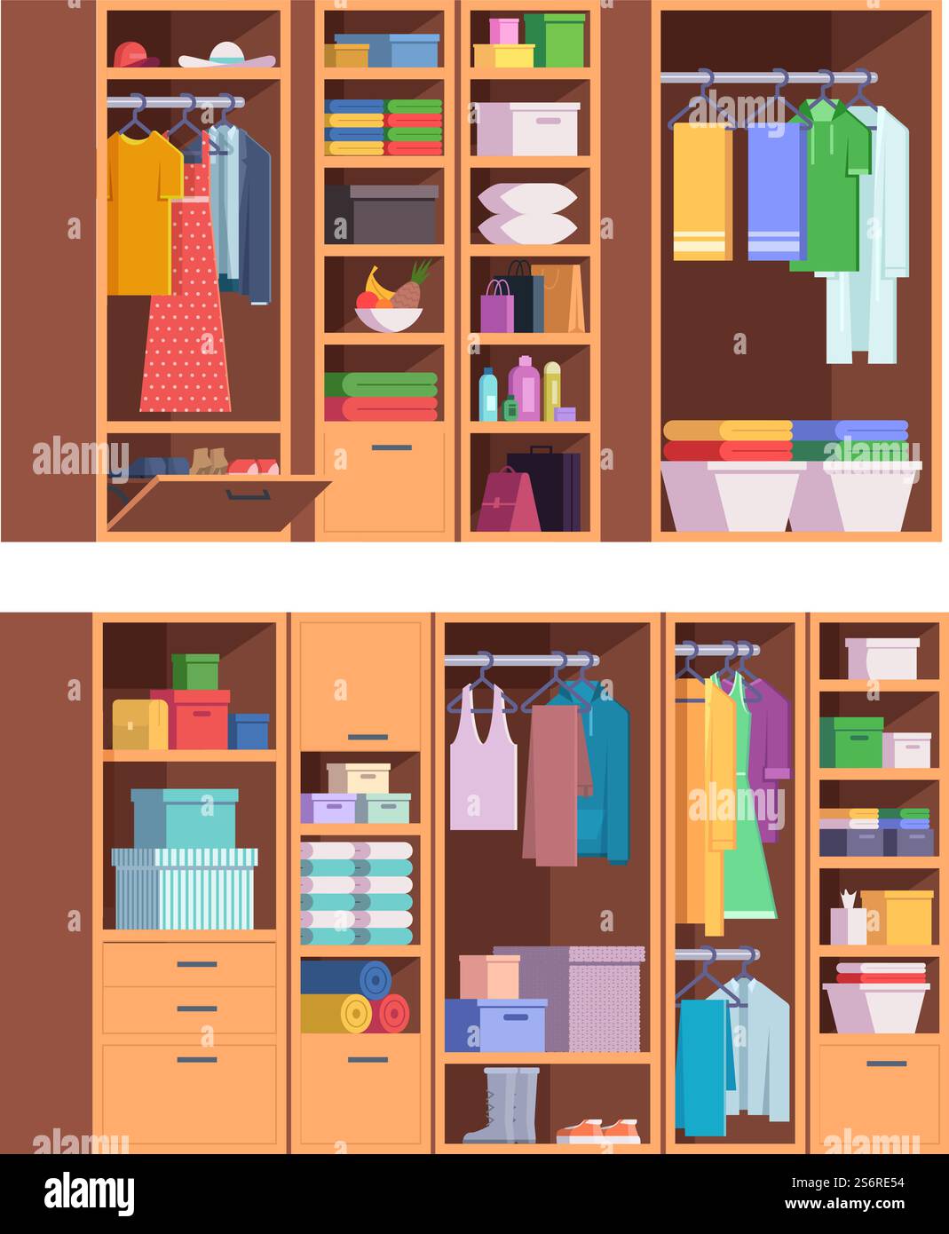Wardrobe. Open and closed doors of home storage for clothes interior ...