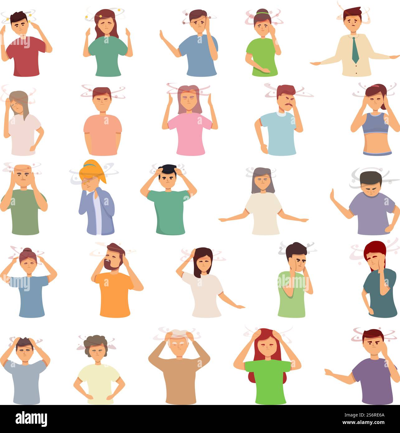 Dizziness icons set cartoon vector. Brain headache. Dizzy head face ...