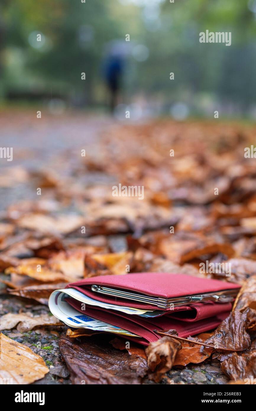 Red ladies' purse lost on the side of the road, sidewalk, park, fall ...