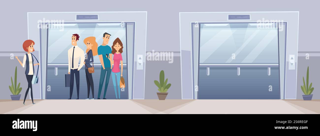 Business people in elevator. Open and closed elevators in office ...