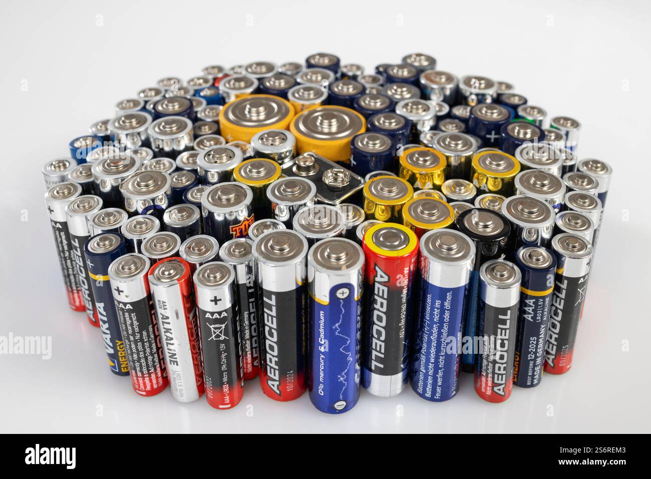 Used batteries, set up, positive terminals, used batteries, various ...