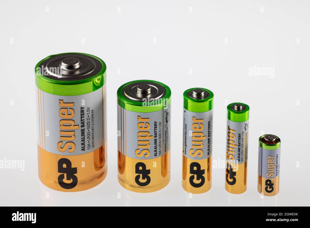 New GP batteries, different sizes, white background Stock Photo - Alamy