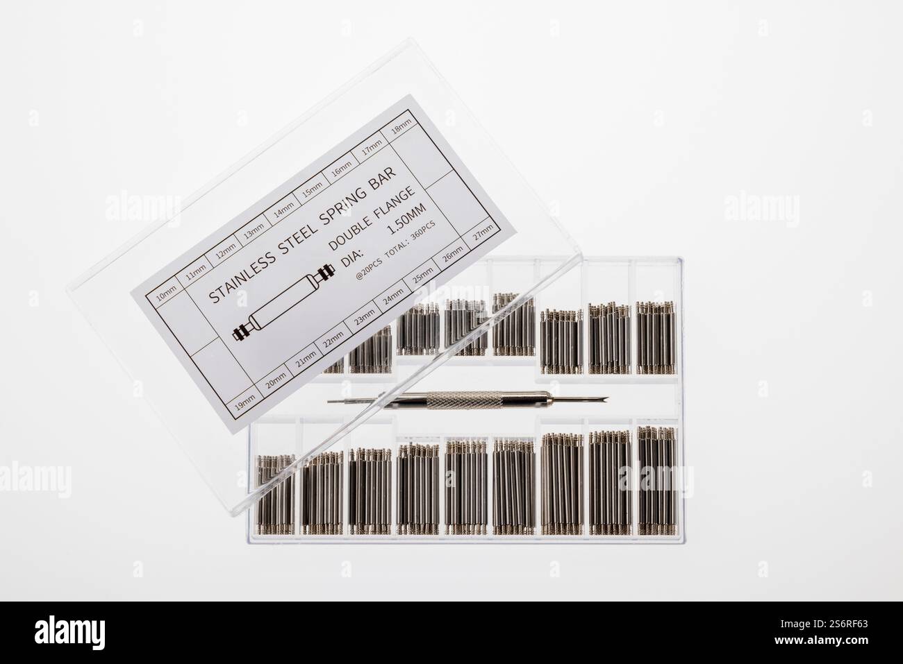 Spring bar tool and spring bars in different sizes in a plastic box ...