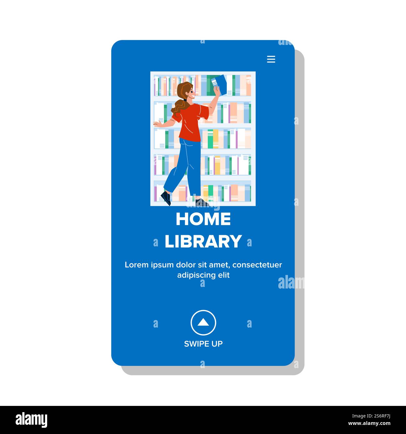 On Home Library Shelf Girl Choose Book Vector. Young Woman Choosing ...