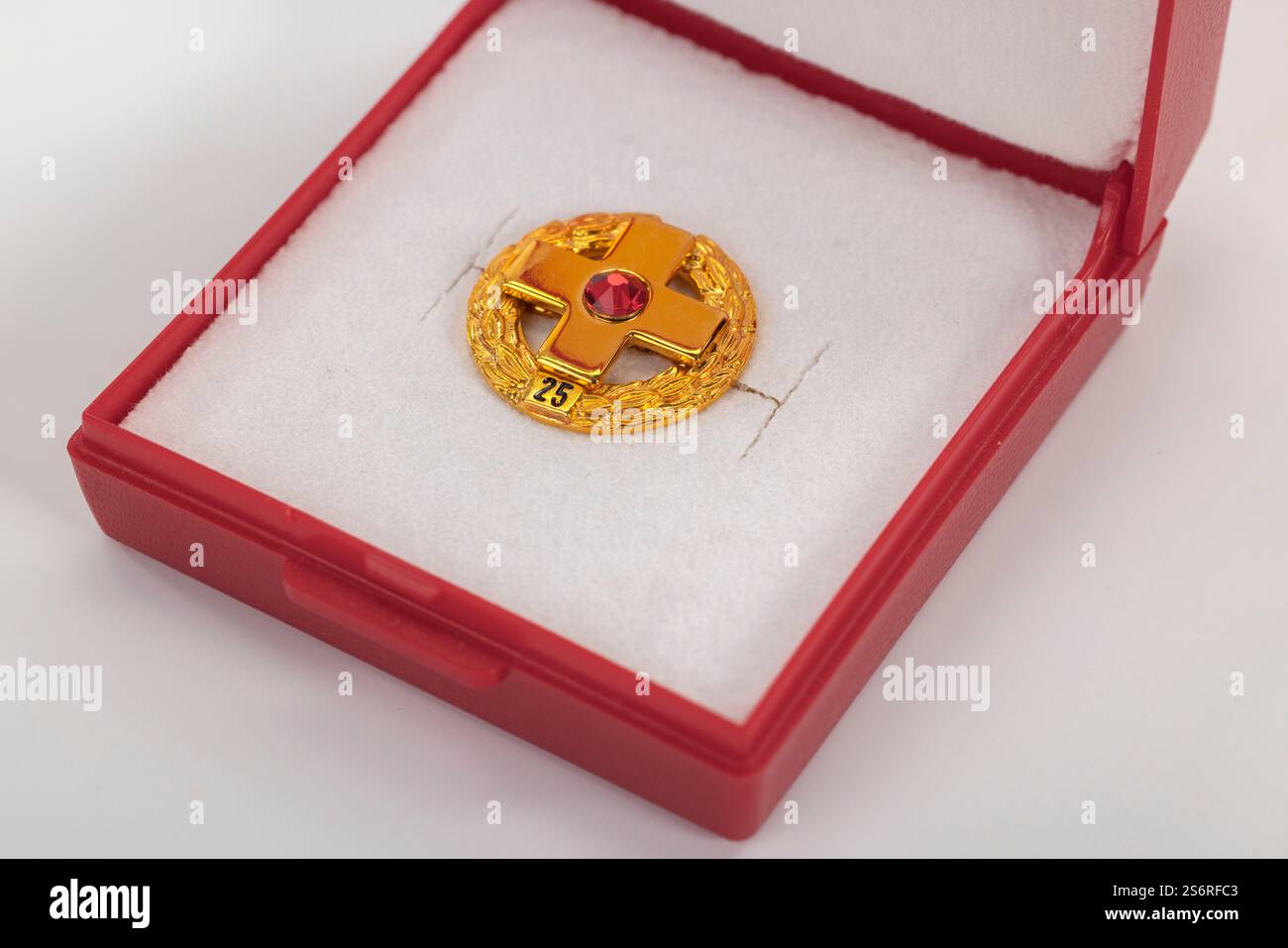 Case with the blood donor badge in gold for 25 blood donations, detail ...