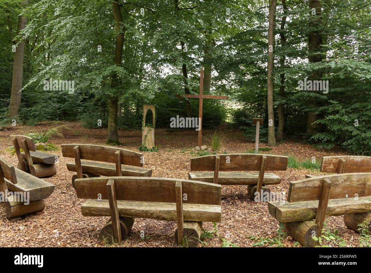 Open-air place of worship, seating area, empty wooden benches, wooden ...