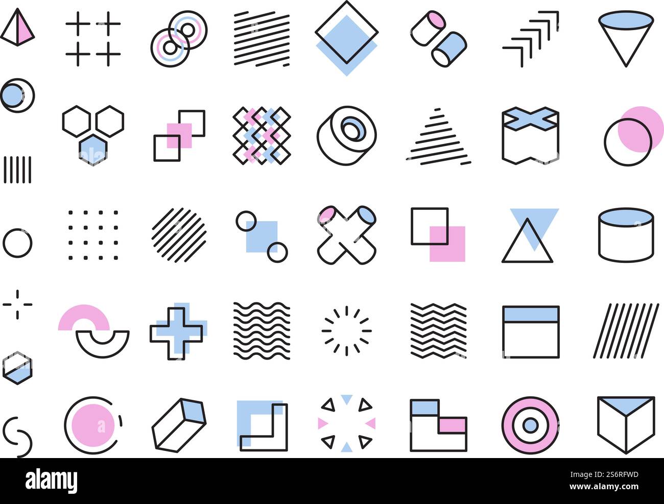 Memphis geometry. Abstract forms lines triangles circles dots ...