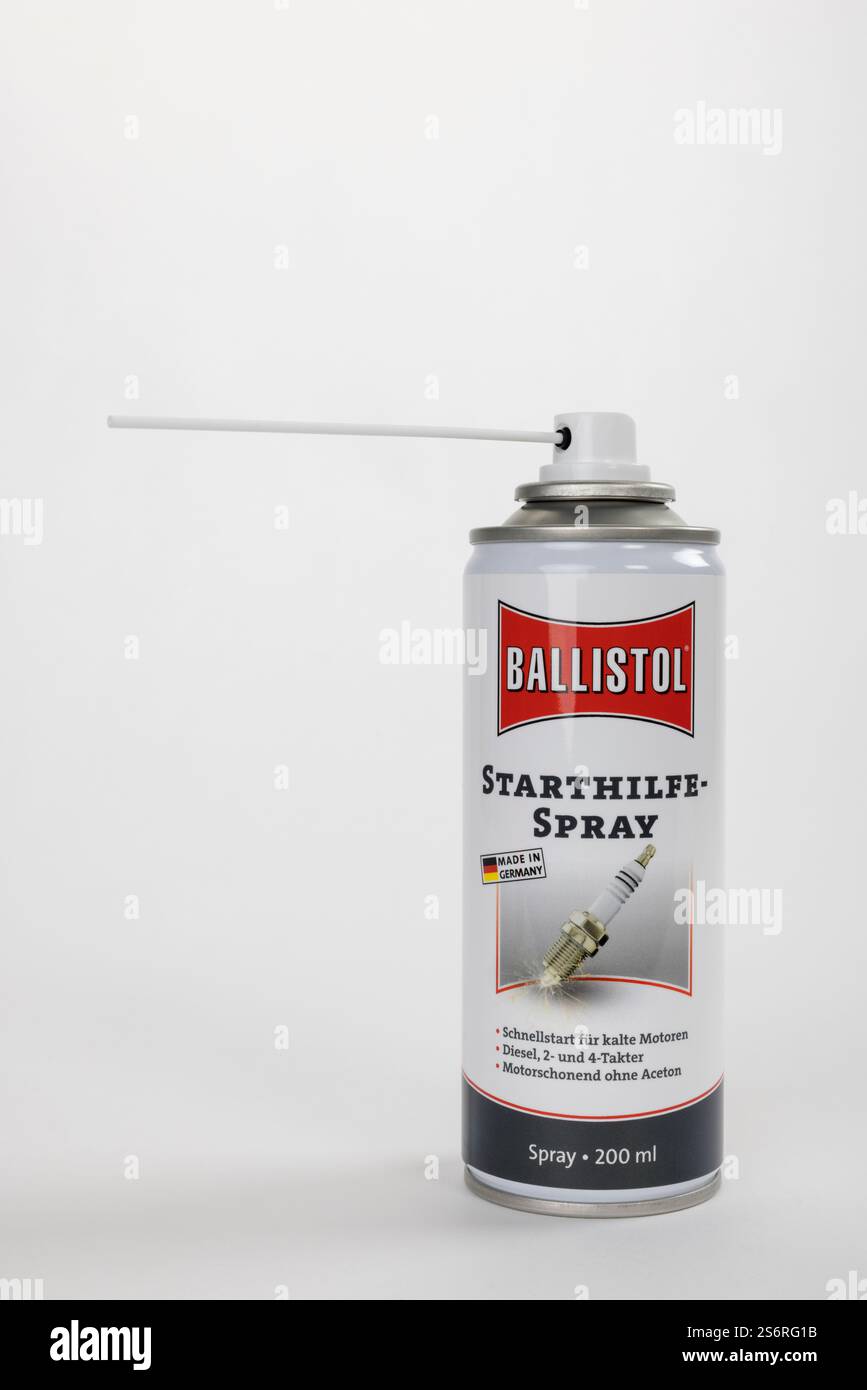 Ballistol jump-start spray, white background Stock Photo - Alamy