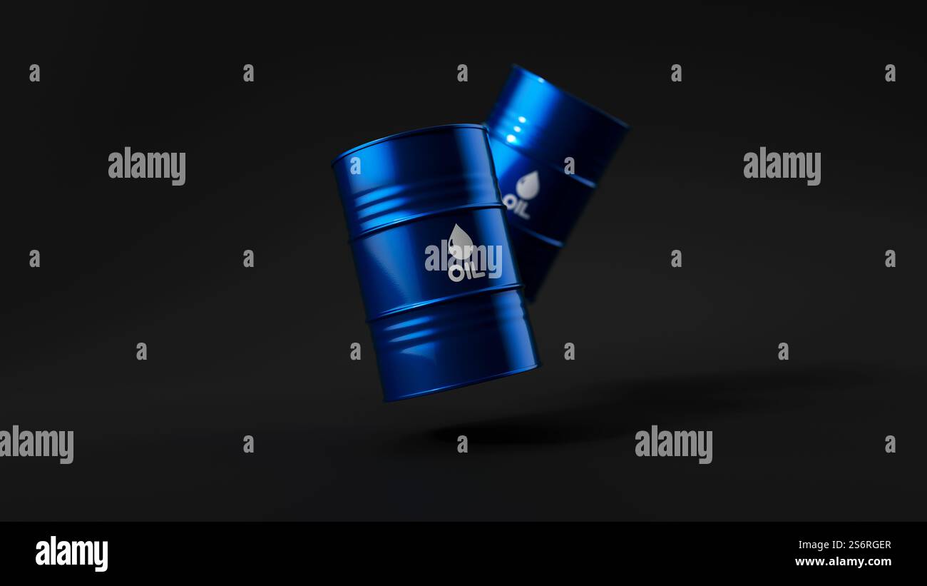 Two floating blue metal oil barrels on black background. Front view ...