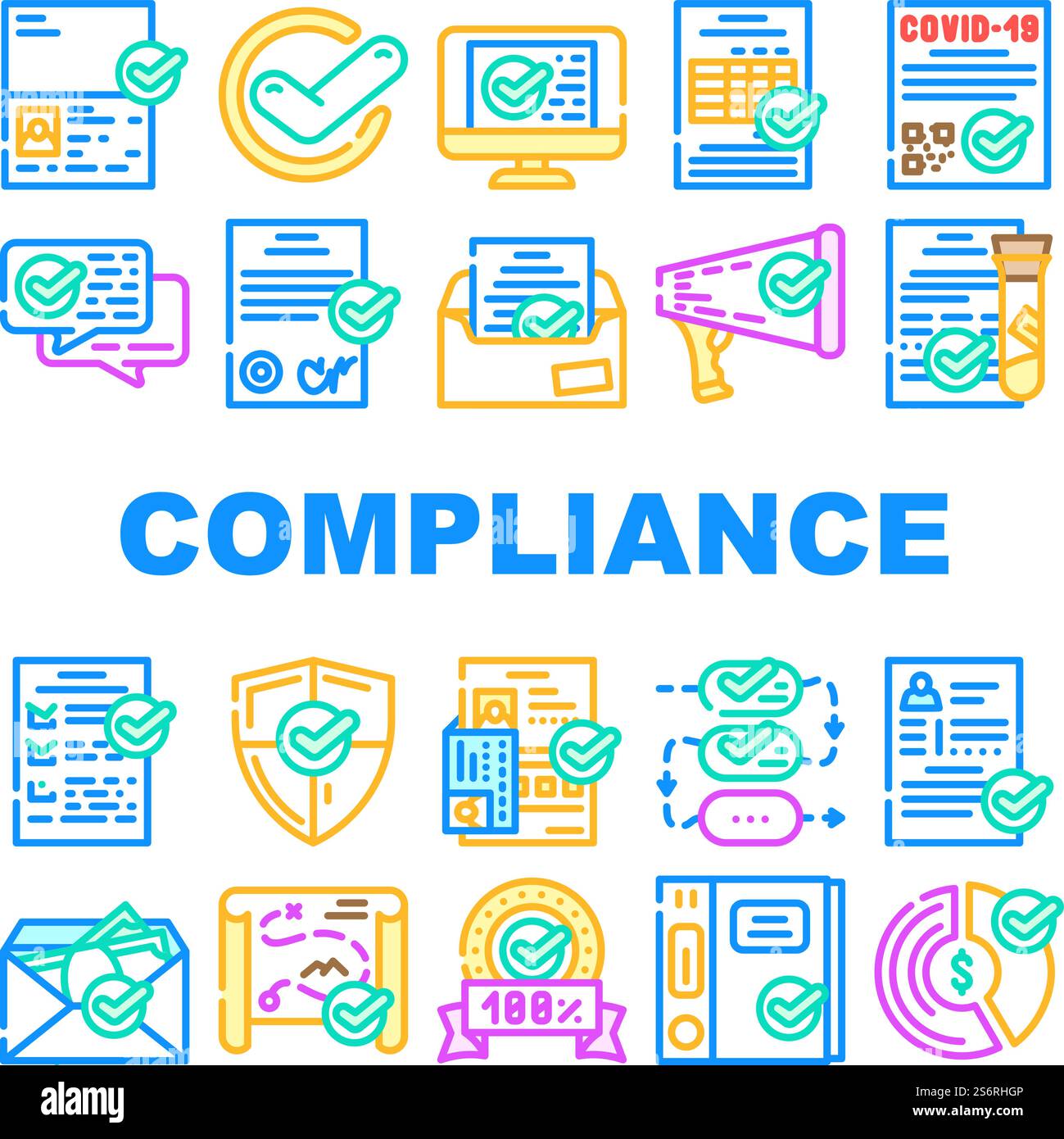 Compliance Quality Procedure Icons Set Vector. Compliance Passport And ...