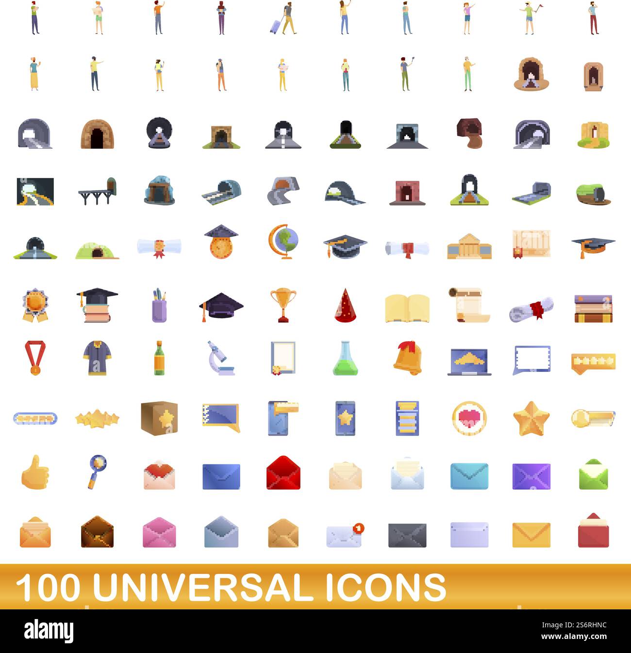 100 universal icons set. Cartoon illustration of 100 universal icons ...