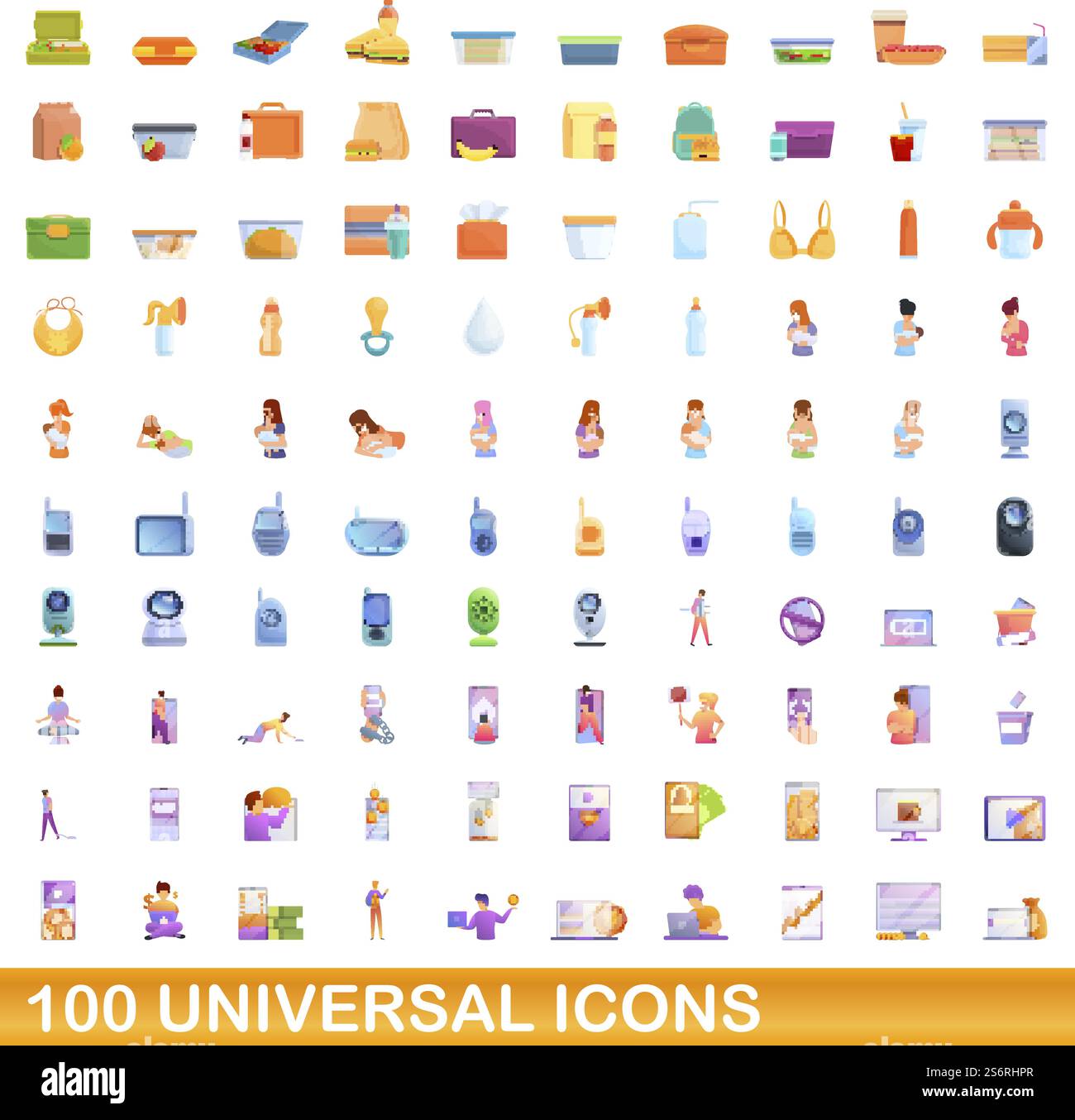 100 universal icons set. Cartoon illustration of 100 universal icons ...