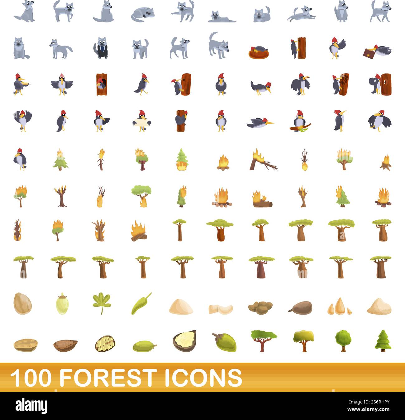 100 forest icons set. Cartoon illustration of 100 forest icons vector ...
