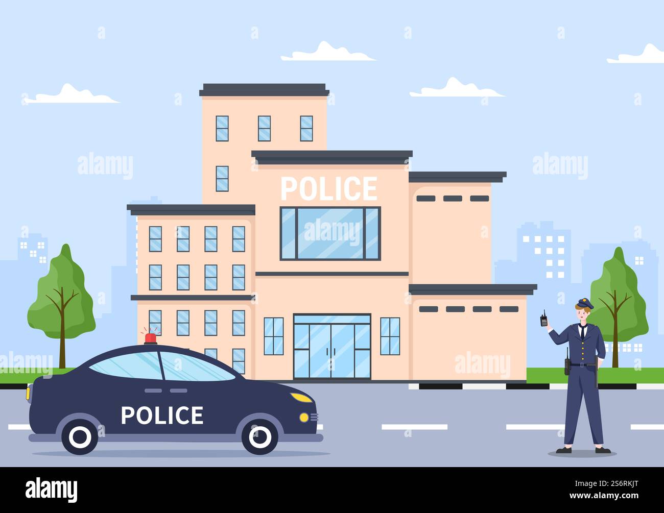 Police Station Department Building with Policeman and Police Car in ...