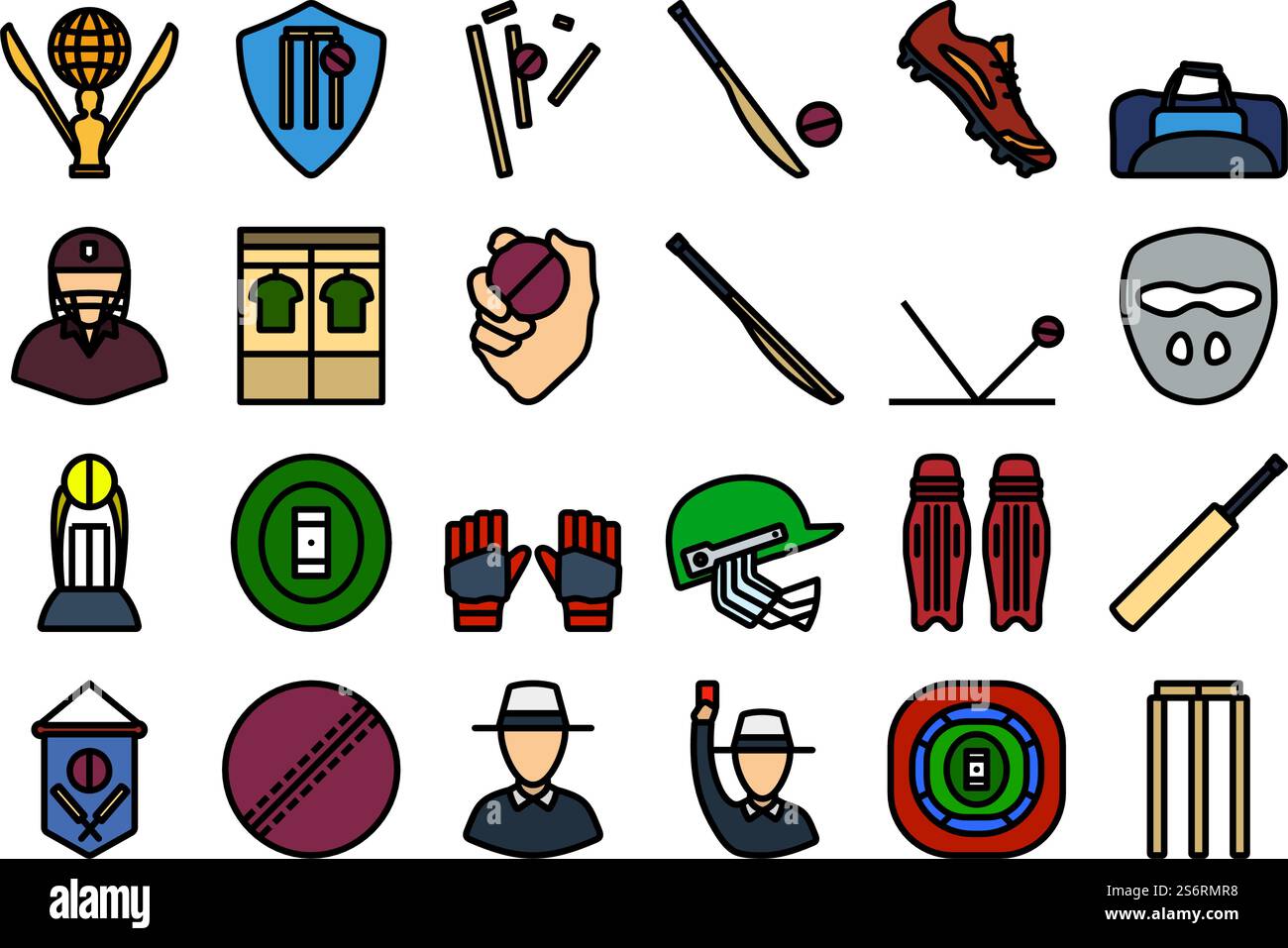 Cricket Icon Set. Editable Bold Outline With Color Fill Design. Vector ...