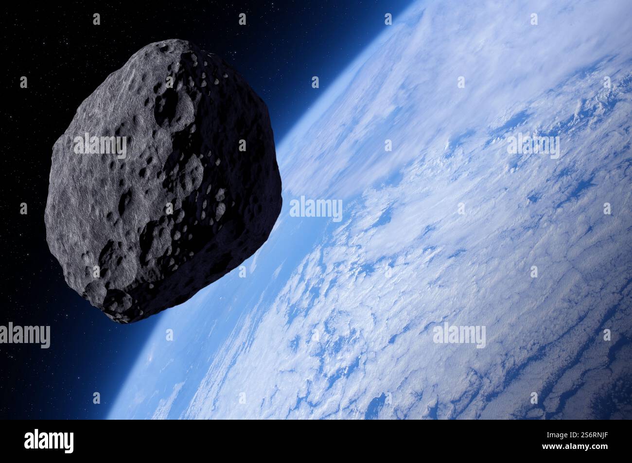 Earth and big asteroid in the space. Asteroid approaching planet Earth. Asteroid in space near ...