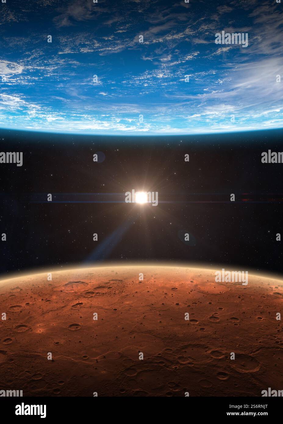 Earth and Mars. Mars and Earth in space. Blue planet Earth and Red Mars ...