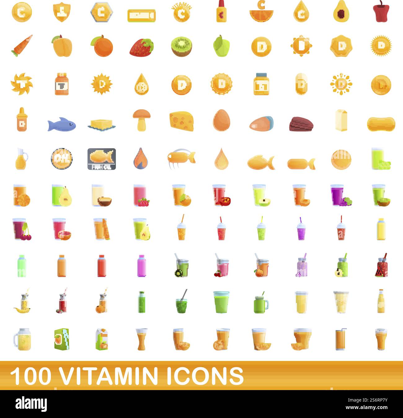 100 vitamin icons set. Cartoon illustration of 100 vitamin icons vector ...