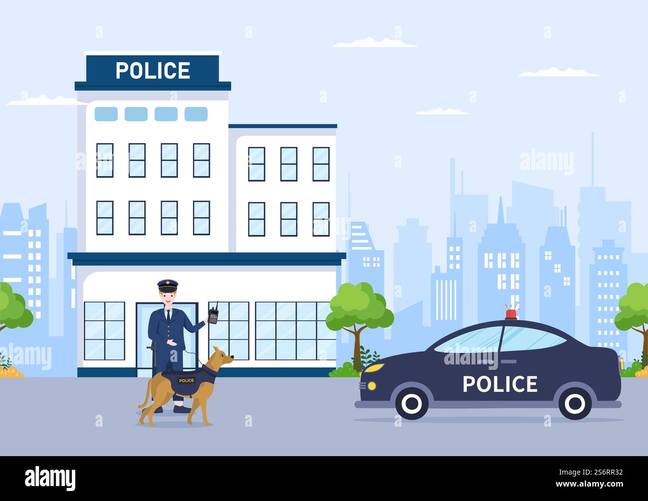 Police Station Department Building with Policeman and Police Car in ...