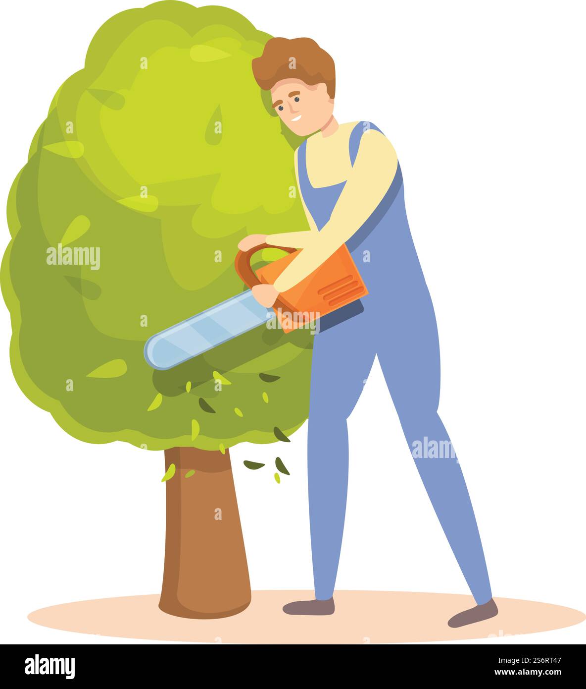 Chainsaw tree trimming icon cartoon vector. Garden hedge. Man worker ...